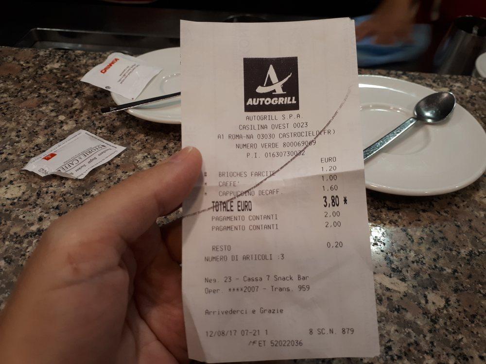 Menu da Autogrill Badia al Pino Ovest fast food, Casilina Est/ovest