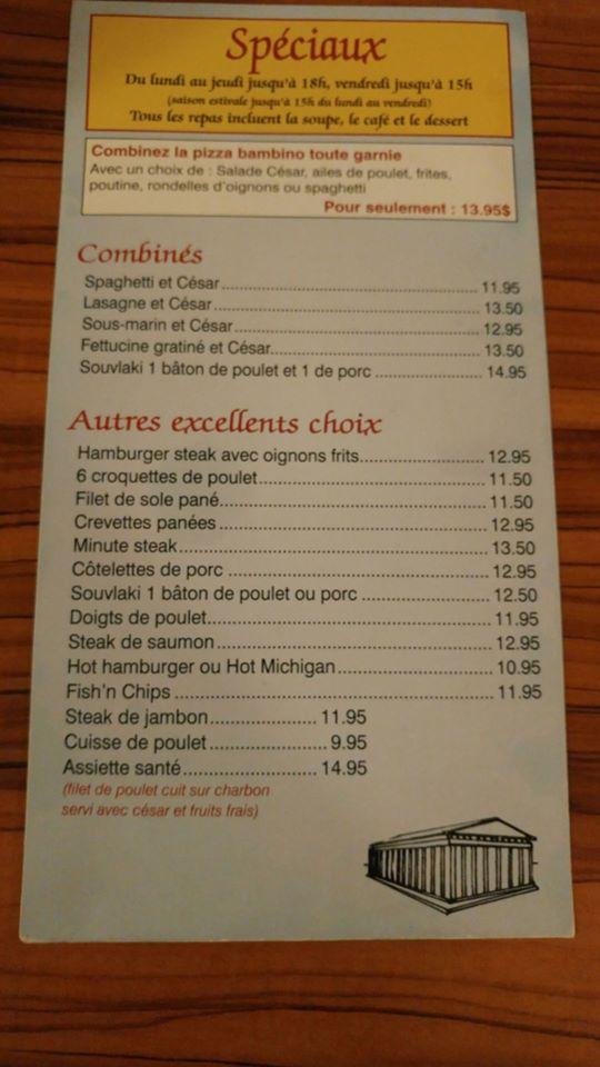 Menu au Château Acropole pizzeria, Coaticook