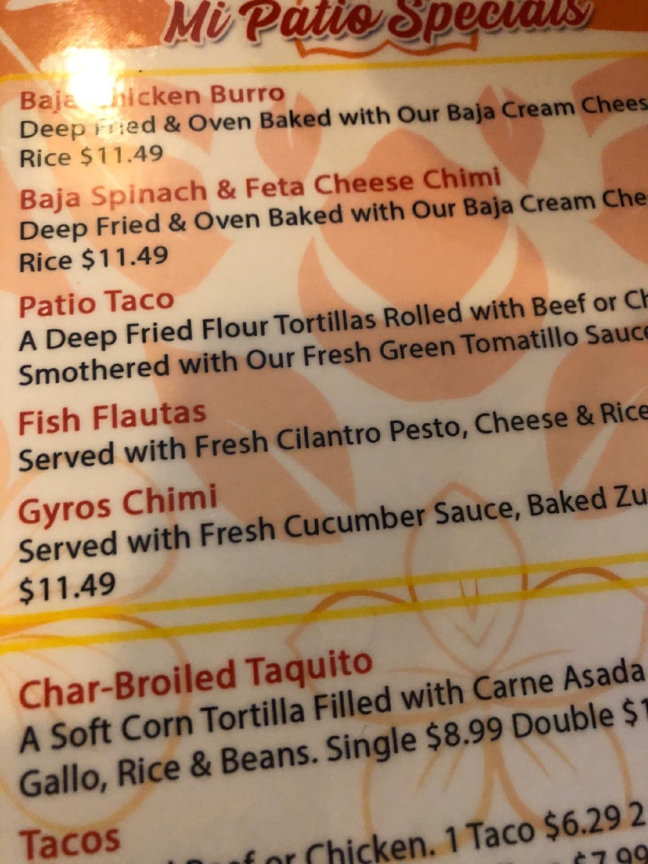 Menu at Mi Patio Mexican Restaurant, Phoenix