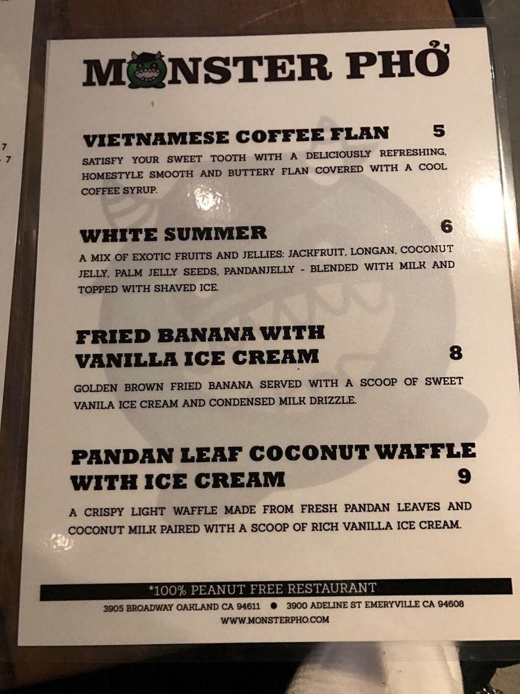 Menu at Monster Pho 2 pub & bar, Emeryville