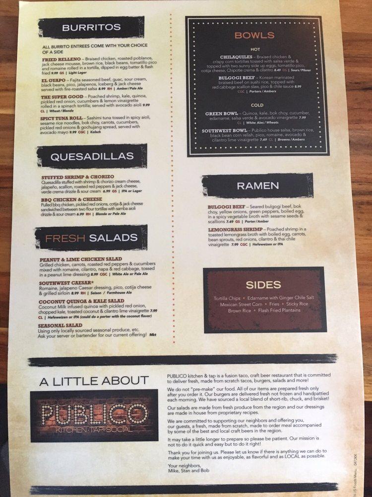 Menu at Publico, Columbia