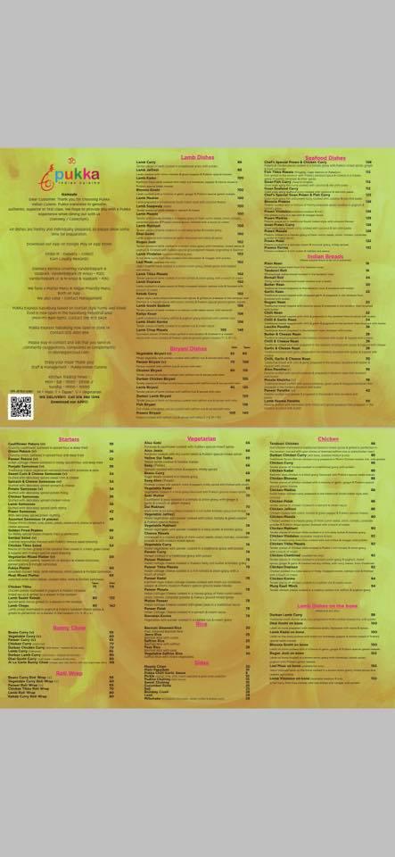 Menu at Pukka Indian Cuisine restaurant, Vanderbijlpark