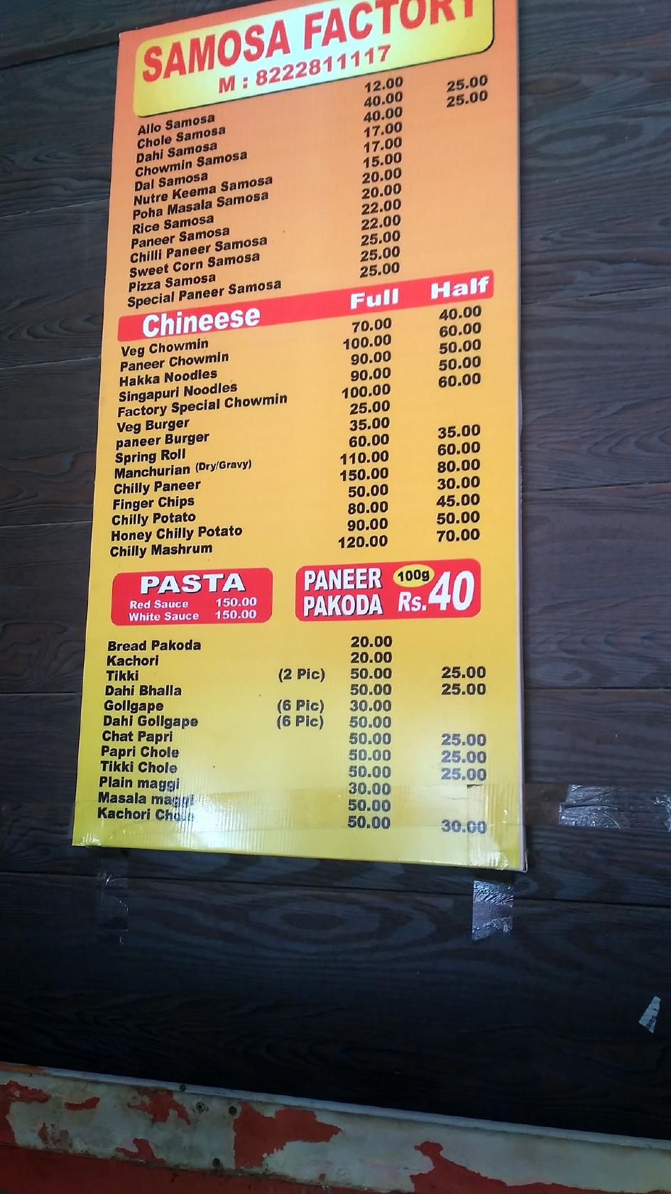 Menu at Samosa factory, Karnal, SHOP NO-636