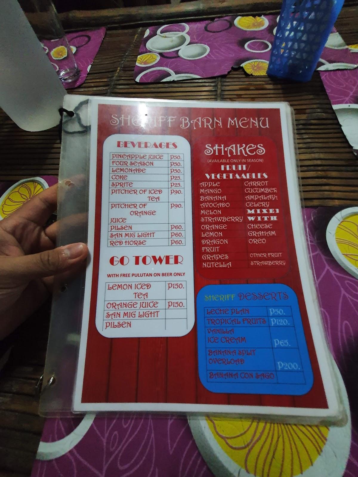 Menu at Sheriff Barn Burger, Masinloc