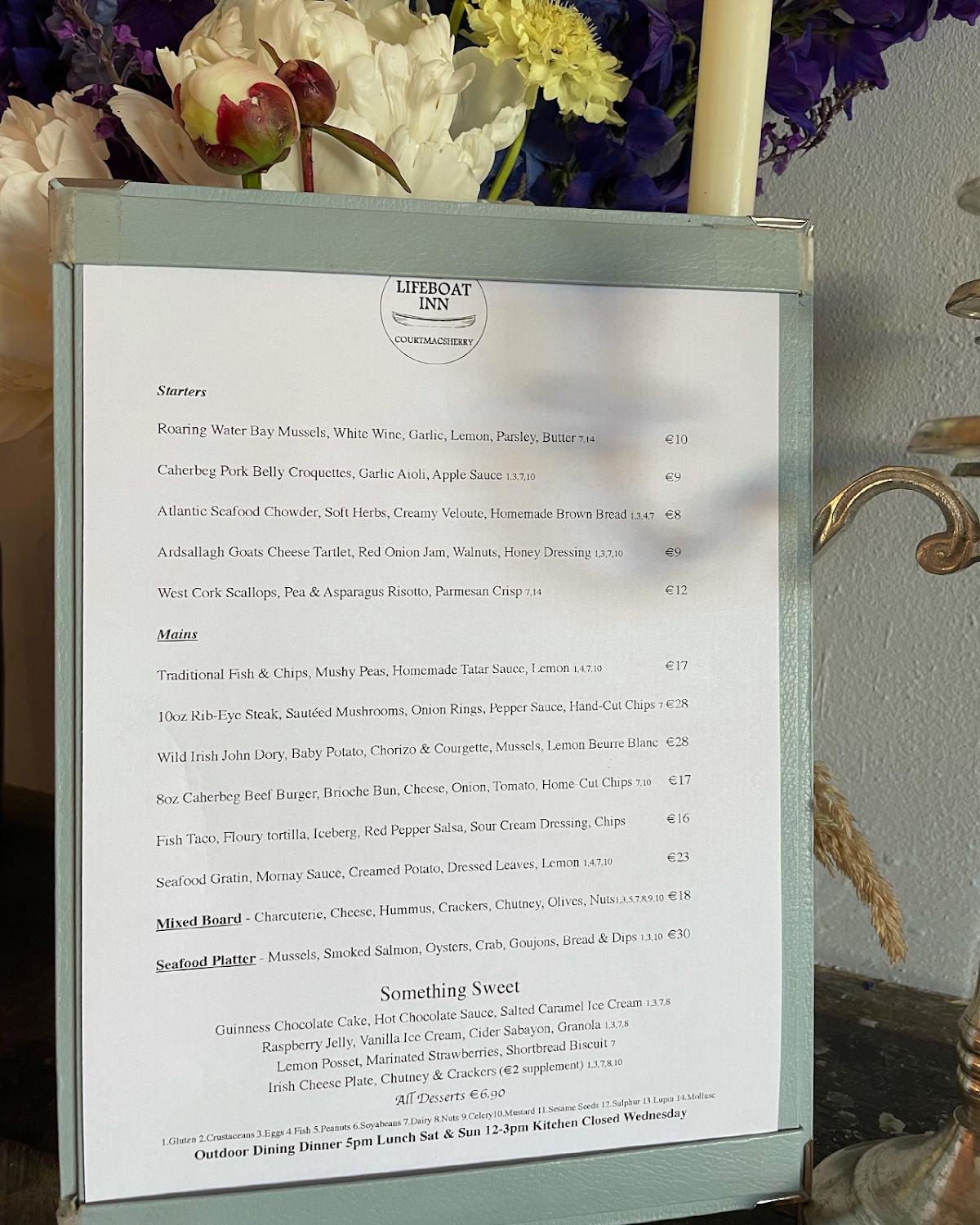 Menu at The Lifeboat Inn restaurant, Courtmacsherry