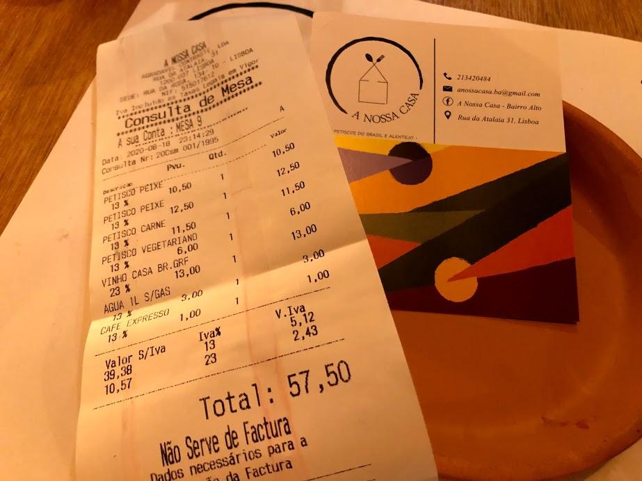 Menu at A Nossa Casa restaurant, Lisbon, R. da Atalaia 31