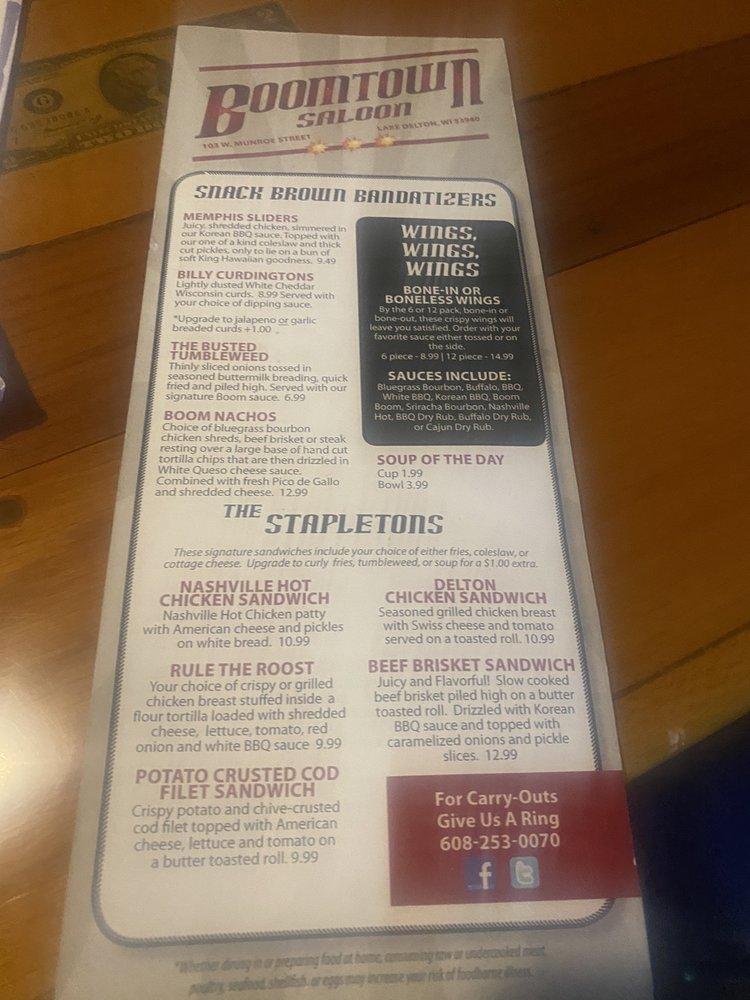 Menu at Boomtown Saloon Country Bar, Lake Delton