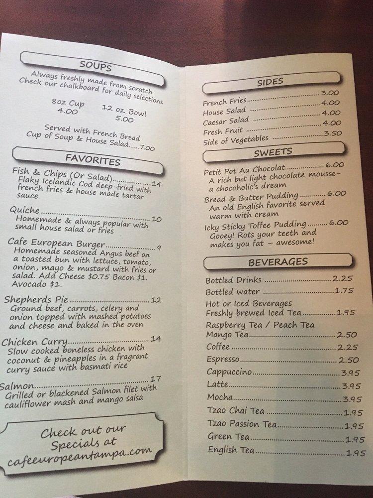 Menu at Cafe European, Tampa, S West Shore Blvd