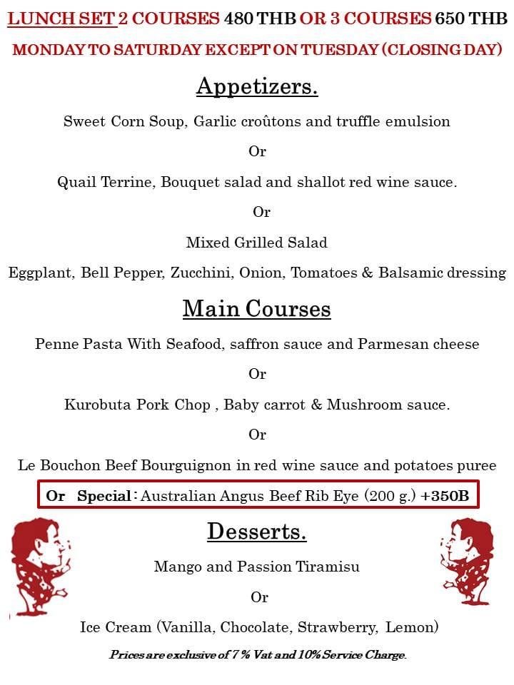 Menu at Le Bouchon restaurant, Bangkok, 50 Soi Atthakan Prasit