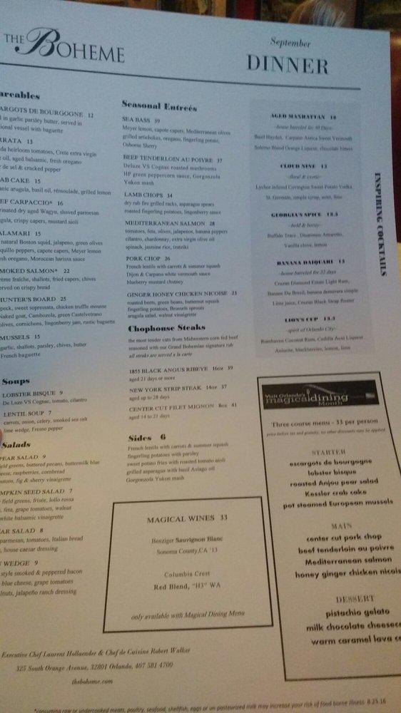Menu at The Boheme pub & bar, Orlando, Grand Bohemian Hotel Orlando