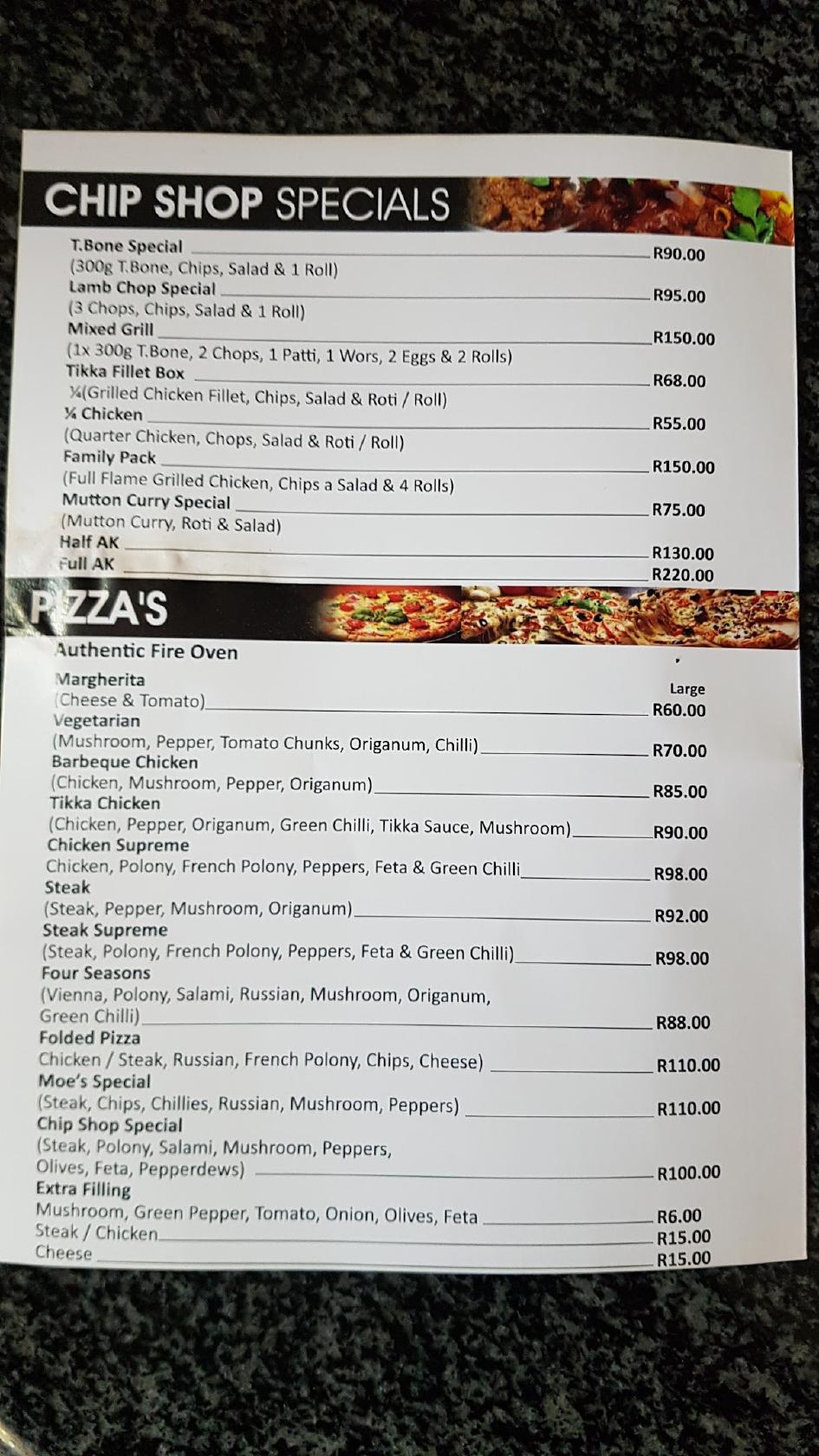 Menu at The Chip Shop restaurant, Johannesburg