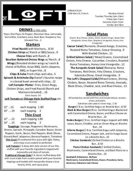 Menu at The Loft restaurant, Crete