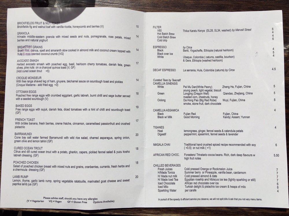 Menu at Circa Espresso restaurant, Parramatta