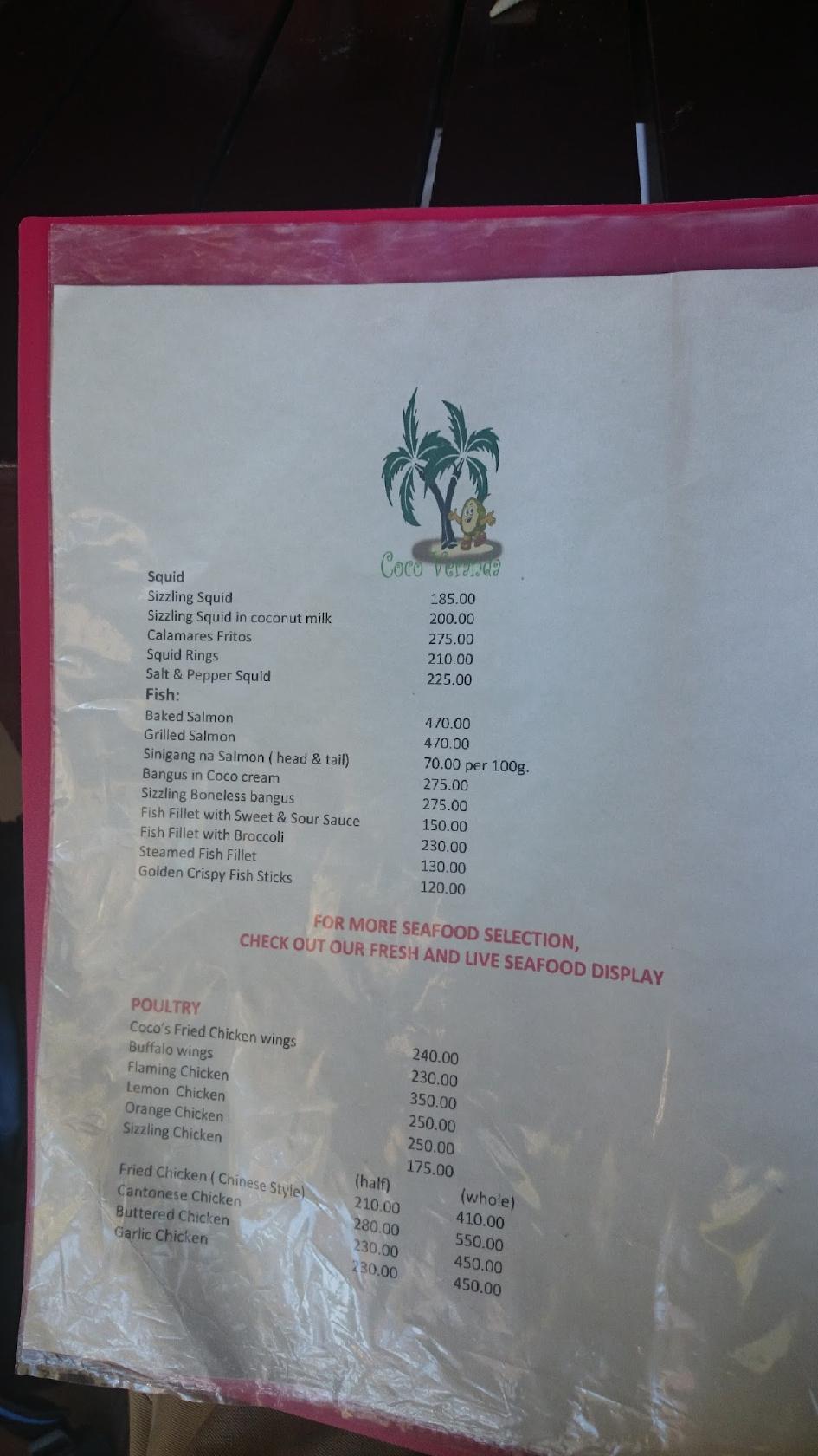 Menu at Coco Veranda restaurant, Roxas City, JP4M+PR3