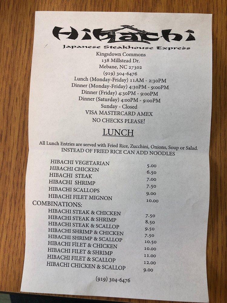 Menu at Hibachi restaurant, Mebane, 138 Millstead Dr