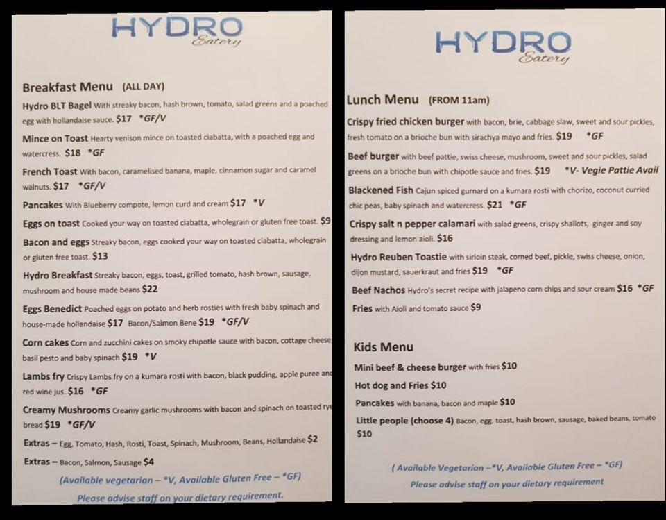Menu at Hydro Eatery cafe, Turangi