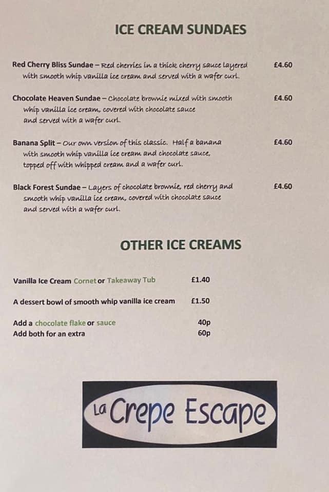 Menu at La Crepe Escape cafe, Princes Risborough