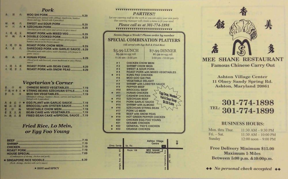 Menu at Mee Shane restaurant & carryout, Ashton-Sandy Spring