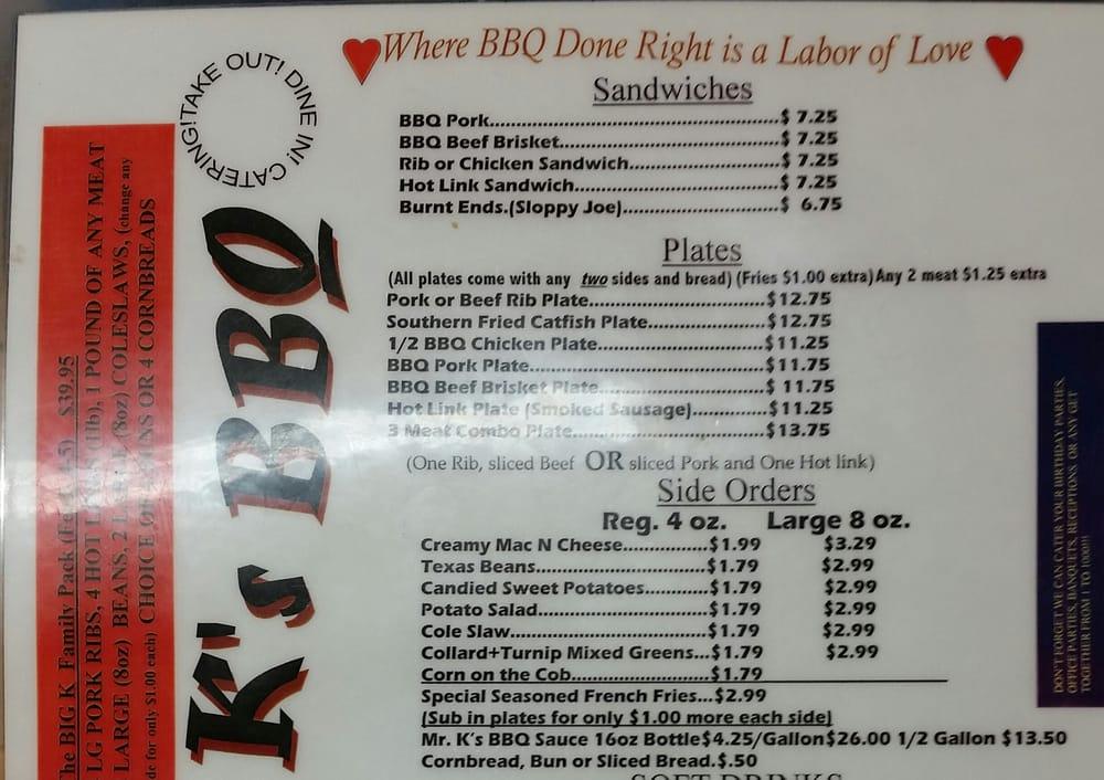 Menu at Mr. K's Original BBQ, Tucson