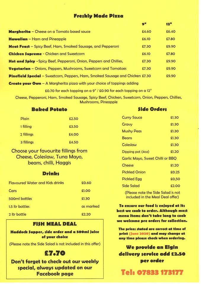 Menu at Pinefield Chippy restaurant, Elgin