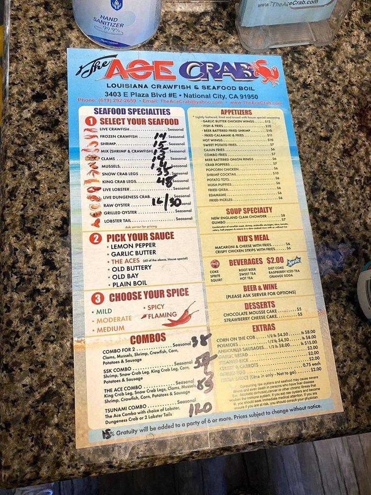 Menu at The Ace Crab restaurant, National City