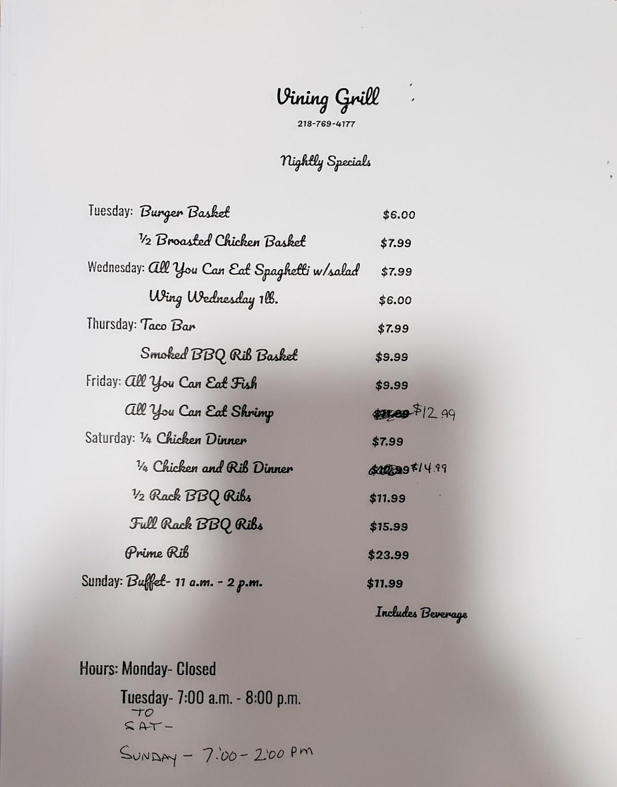 Menu at Vining Grill restaurant, Vining