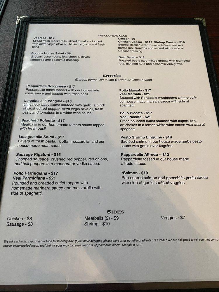 Menu at Bocci’s Italian Bistro on Bull pizzeria, Savannah