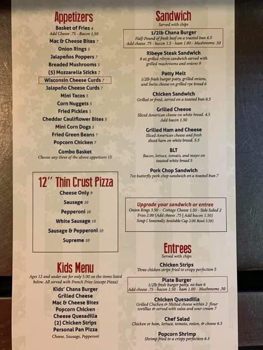Menu at Cornett's Chana Tap pub & bar, Chana