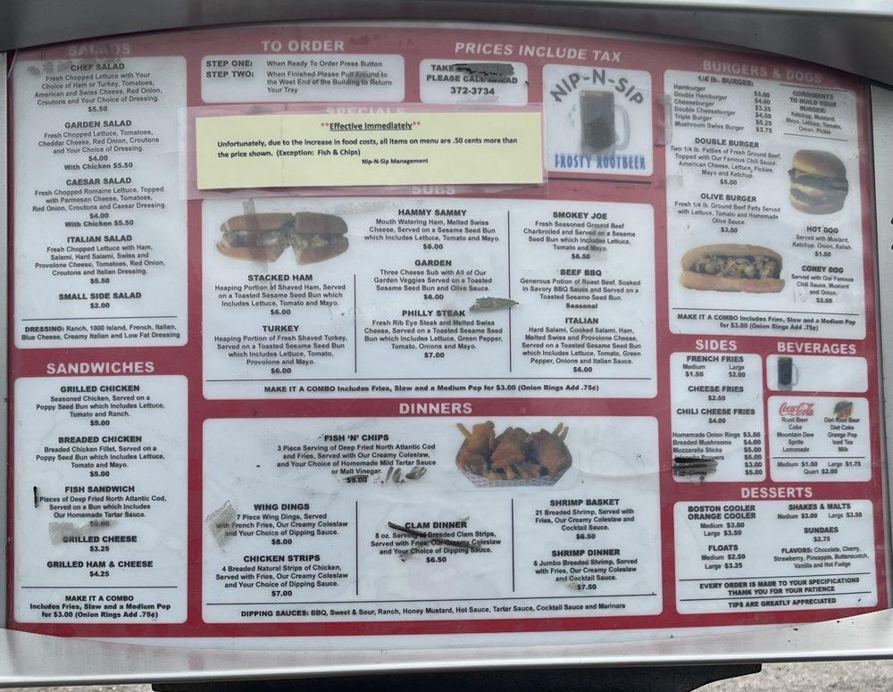Menu at Nip N Sip Drive In restaurant, Lansing, N East St