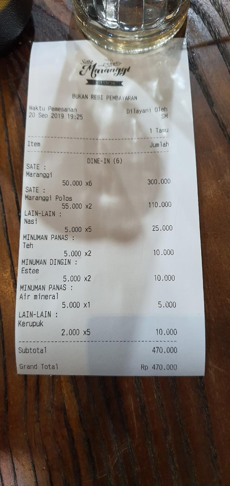 Menu at SATE MARANGGI GURU MUGHNI restaurant, South Jakarta