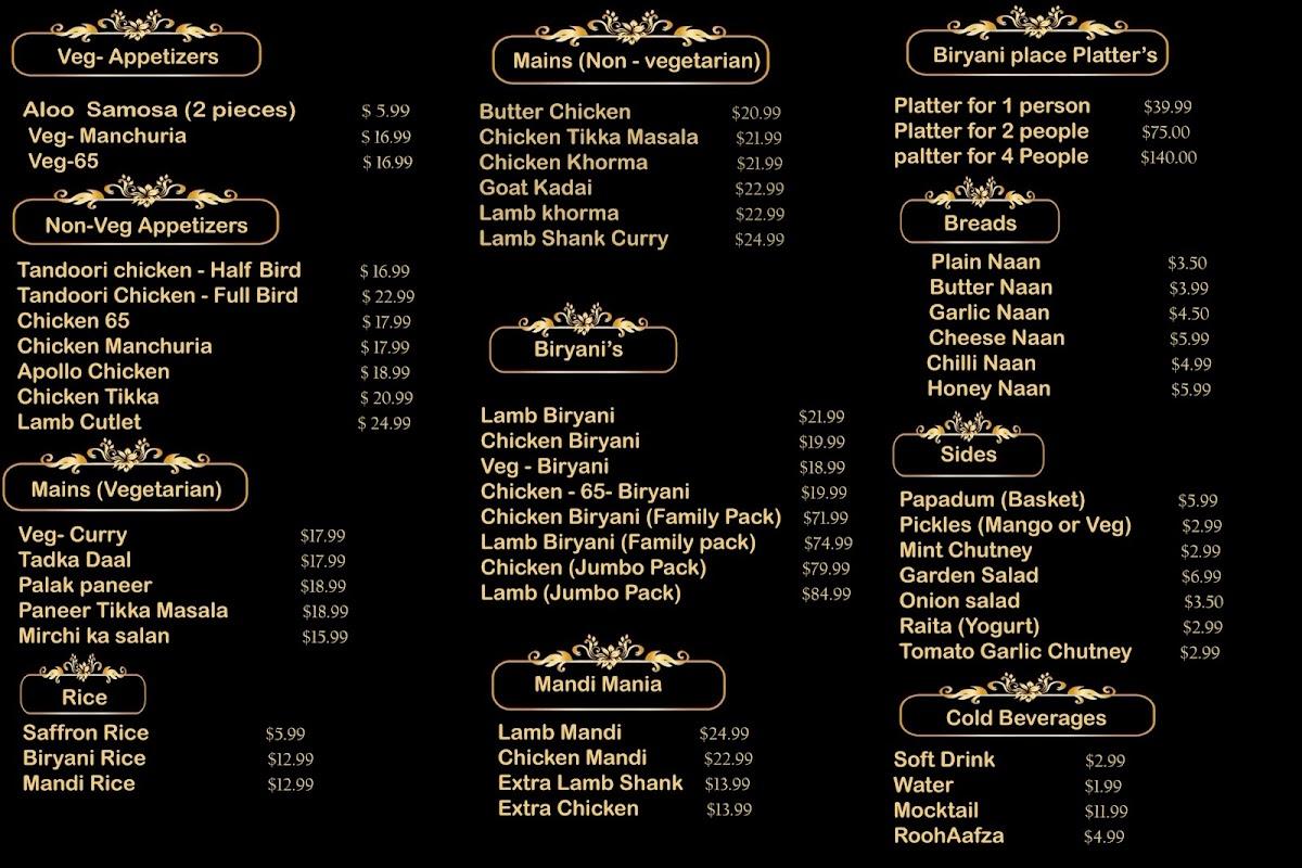 Menu at Biryani Place restaurant, West End