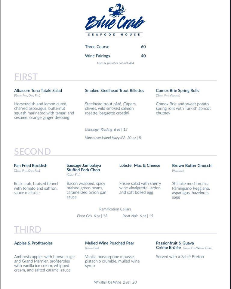 Menu at Blue Crab Seafood House restaurant, Victoria, 146 Kingston St