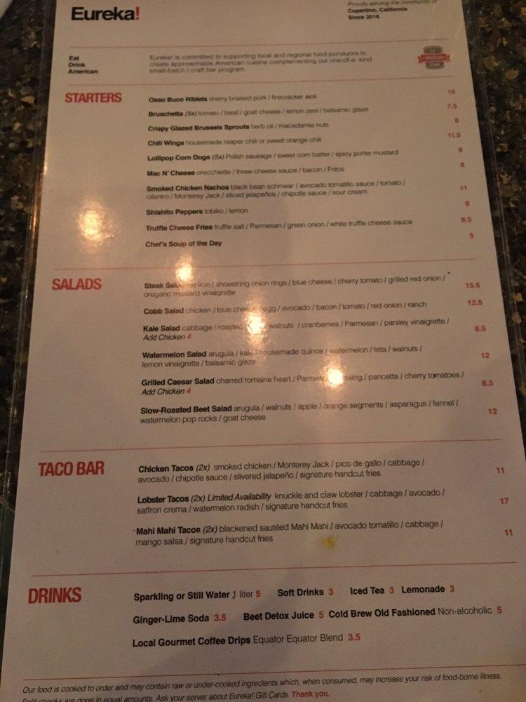 Menu at Eureka! Cupertino restaurant, Cupertino