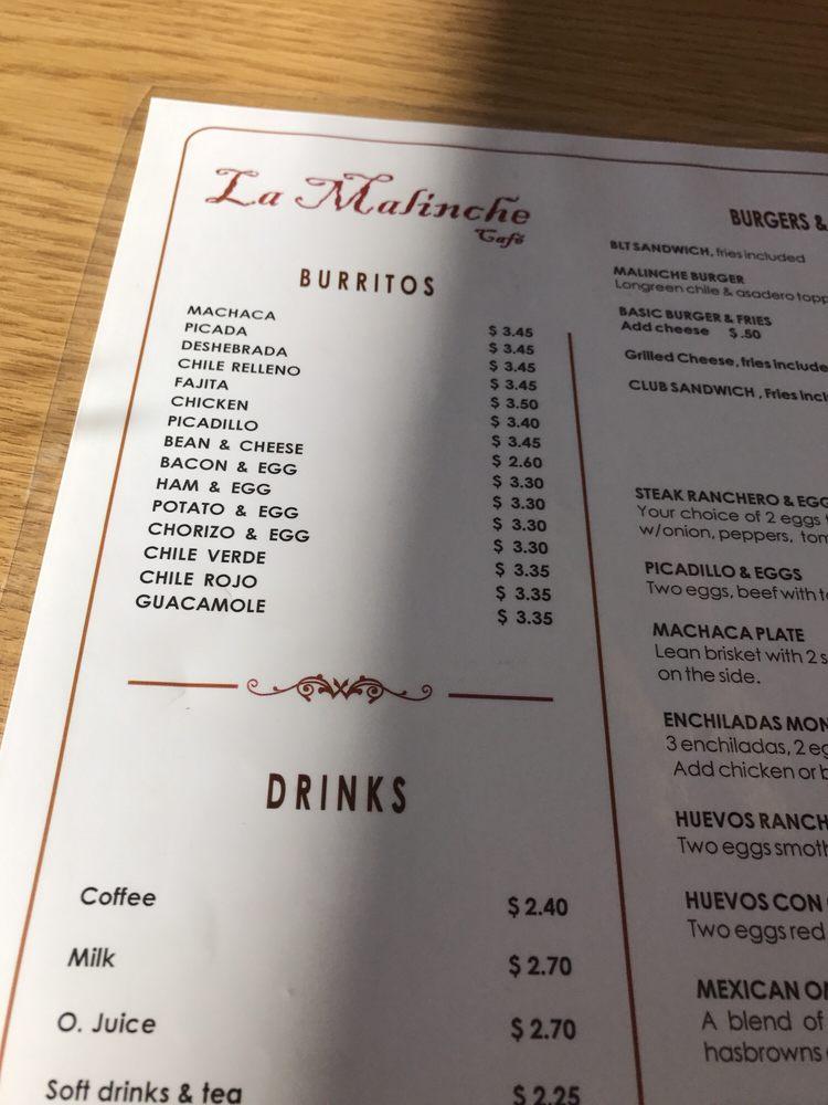 Menu at La Malinche restaurant, El Paso, Doniphan Dr # A1
