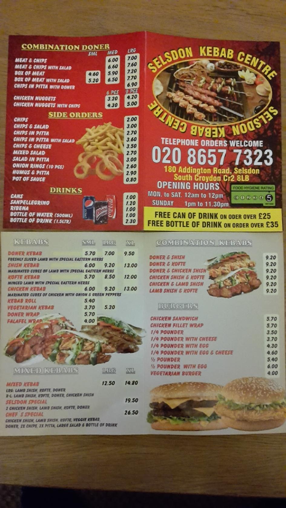 Menu at Selsdon Kebab Centre restaurant, South Croydon, 180 Addington Rd