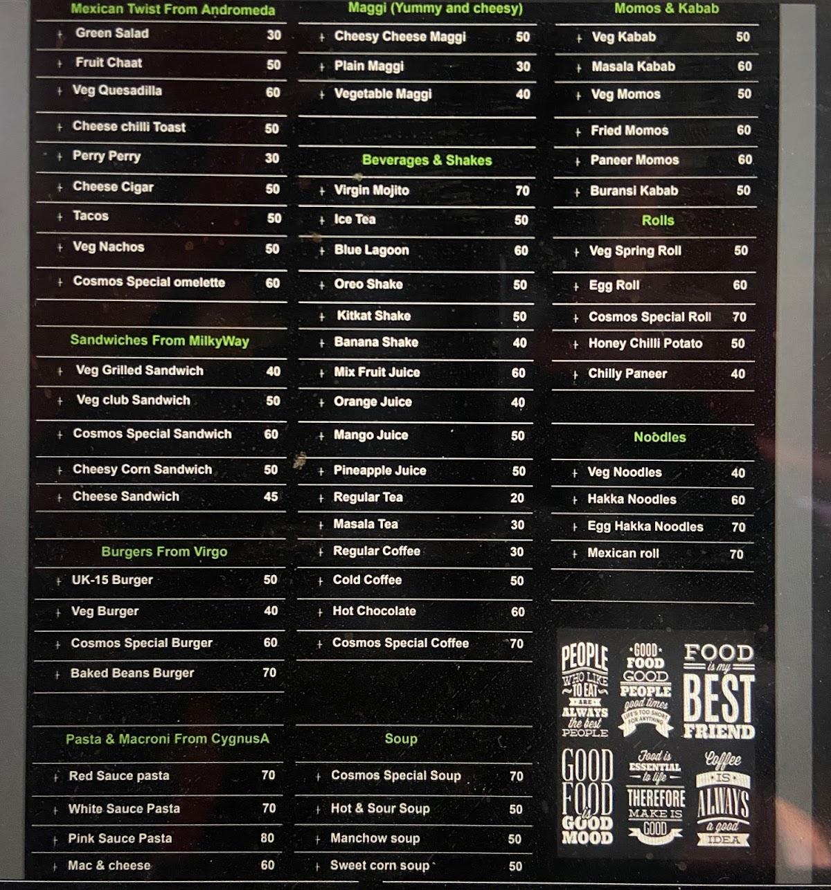 Menu at The Cosmos Cafe, Kotdwara