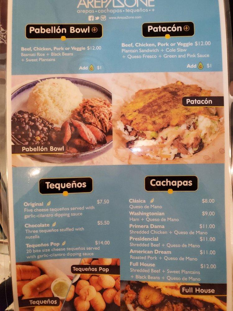 Menu at Arepa Zone restaurant, Washington, 14th St NW