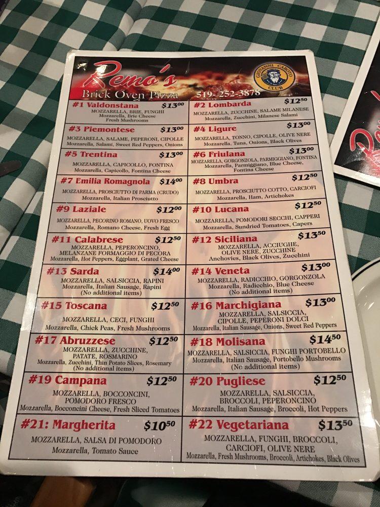 Menu at Giovanni Caboto pizzeria, Windsor