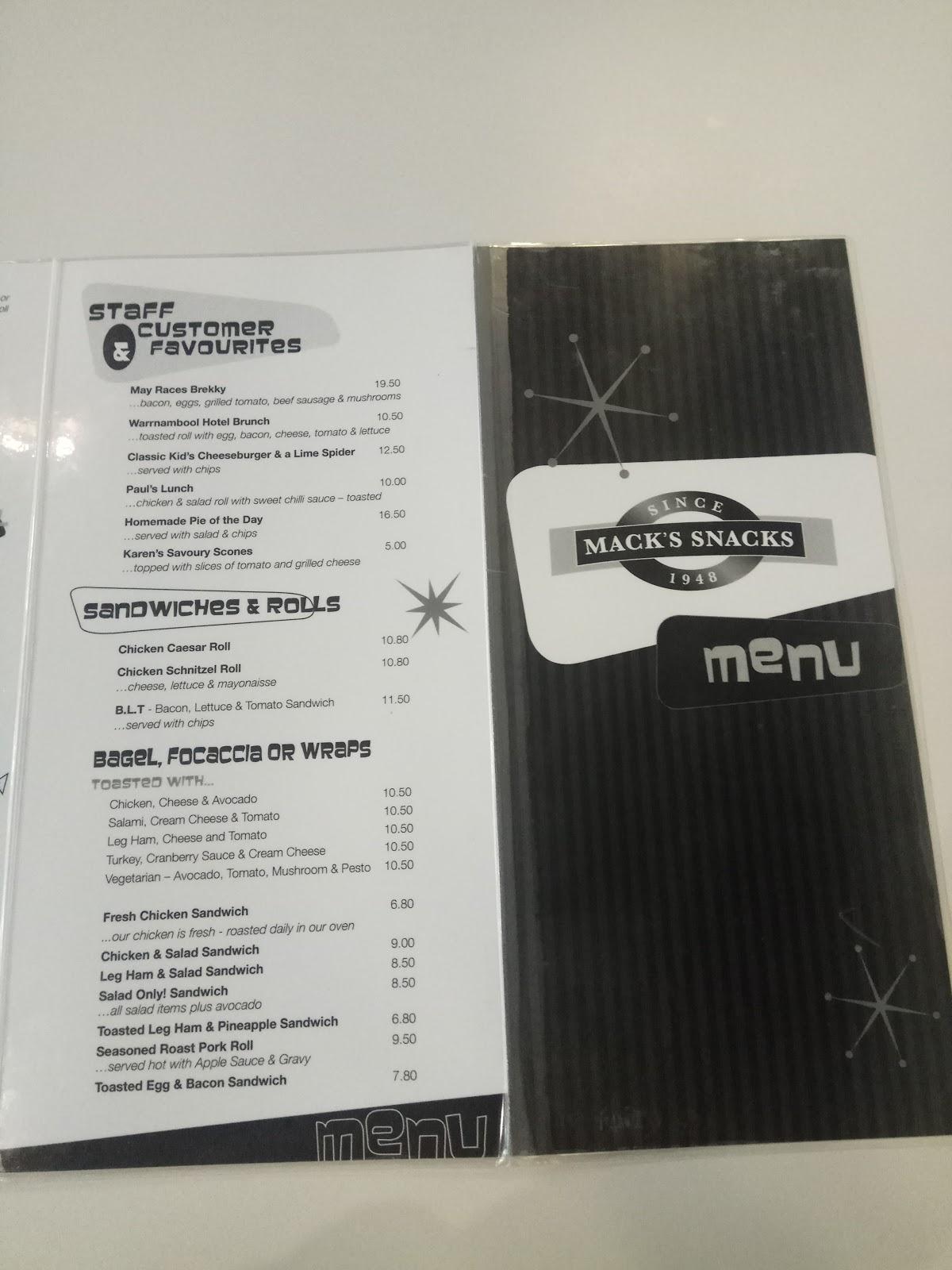 Menu at Macks Snacks restaurant, Warrnambool