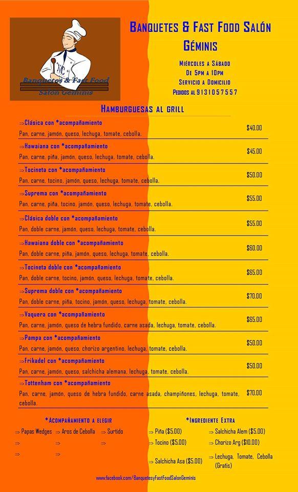 Menu at Banquetes & Fast Food Salón Géminis, Frontera