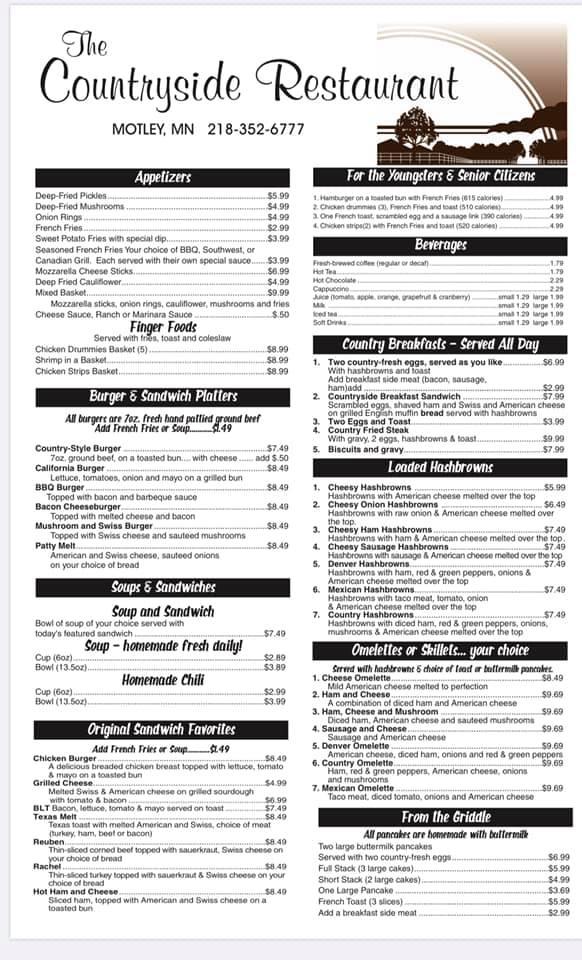 Menu at Countryside Restaurant of Motley, Motley, 880 US-10
