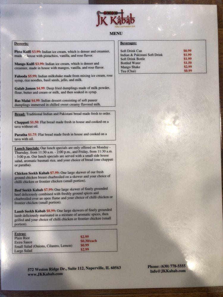 Menu at JK Kabab restaurant, Naperville