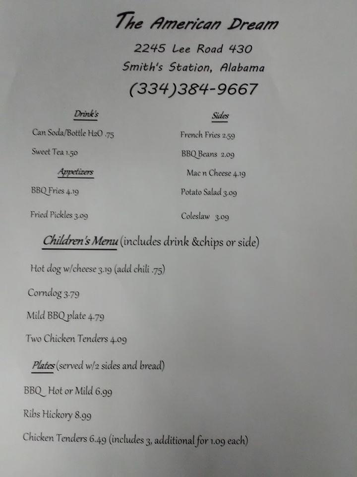Menu at The American Dream restaurant, Smiths Station