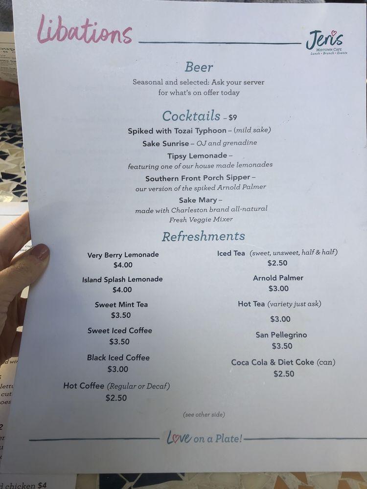 Carta de Jeri's Midtown Cafe, Tallahassee
