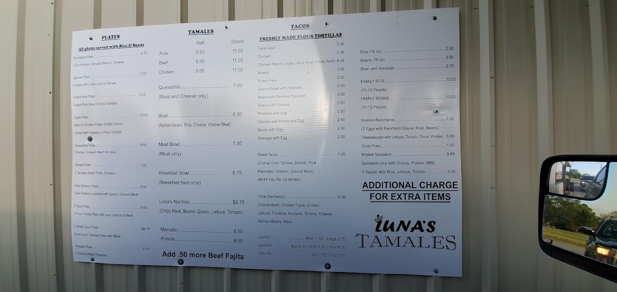 Menu at Luna's Tamales restaurant, Wills Point
