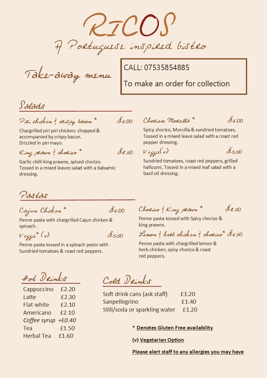 Menu at Ricos restaurant, East Kilbride