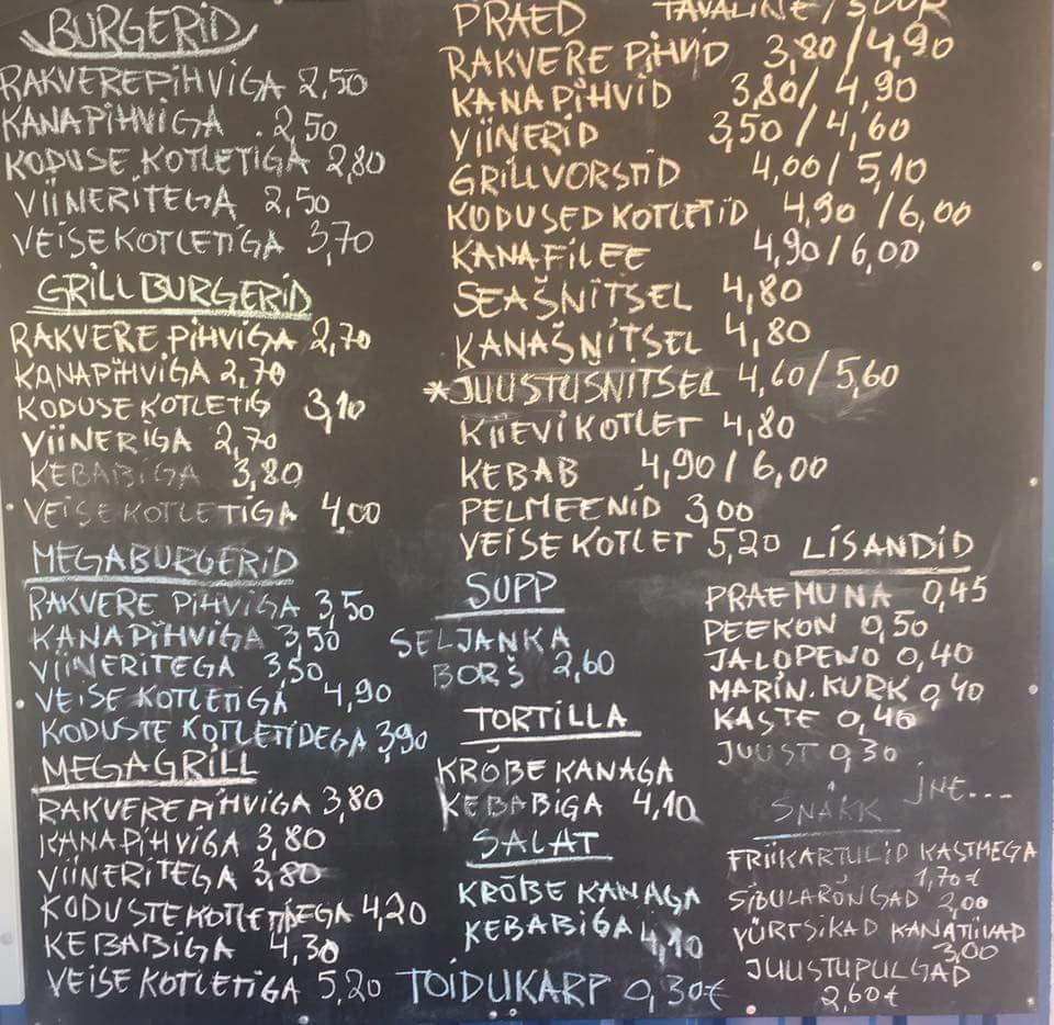 Menu at Sun Grill restaurant, Jüri