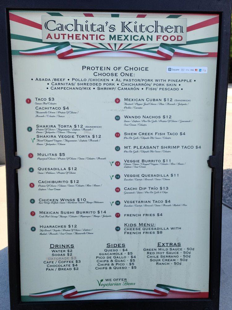Menu at Cachita’s Kitchen restaurant, Mount Pleasant
