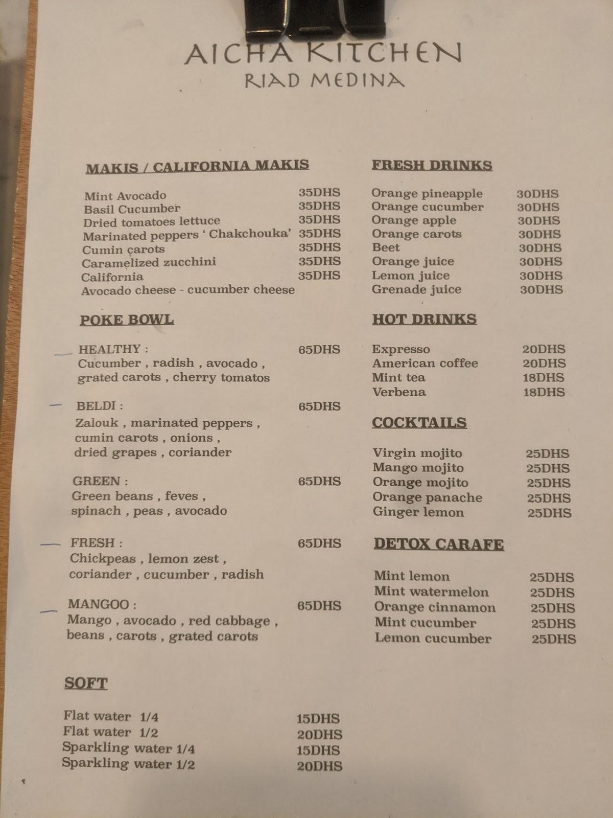Menu at Riad Aicha Kitchen restaurant, Marrakesh