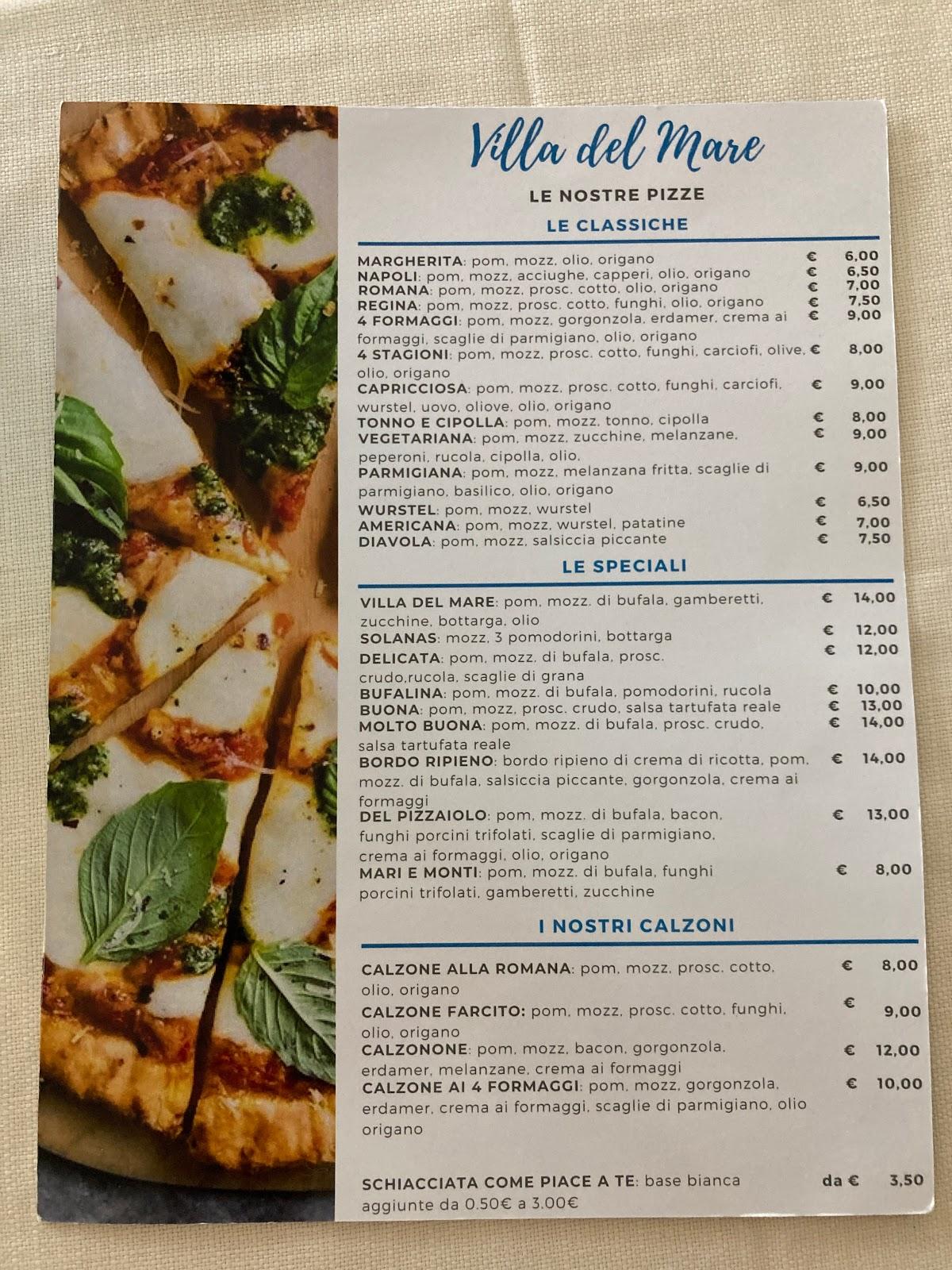 Menu at Villa del Mare restaurant, Solanas